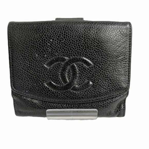 CHANEL | Bags | Chanel Coco Mark Black Caviar Skin Double Bifold Wallet ...